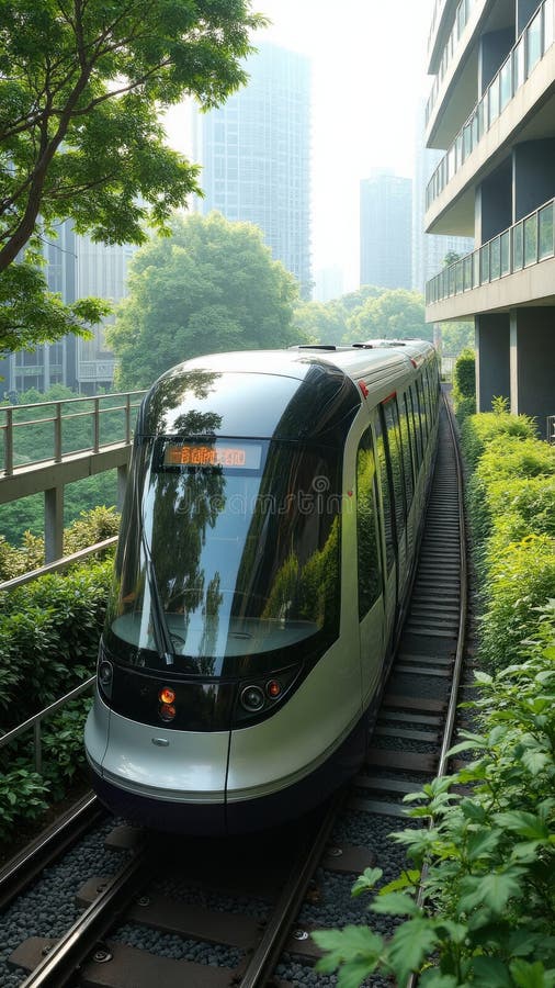 Eco-friendly Transit Gliding on Elevated Tracks through Greenery, with ...