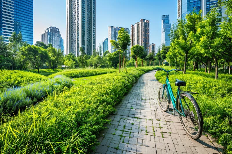 Eco-friendly Urban Park Featuring Bicycle Paths and Greenery in a ...