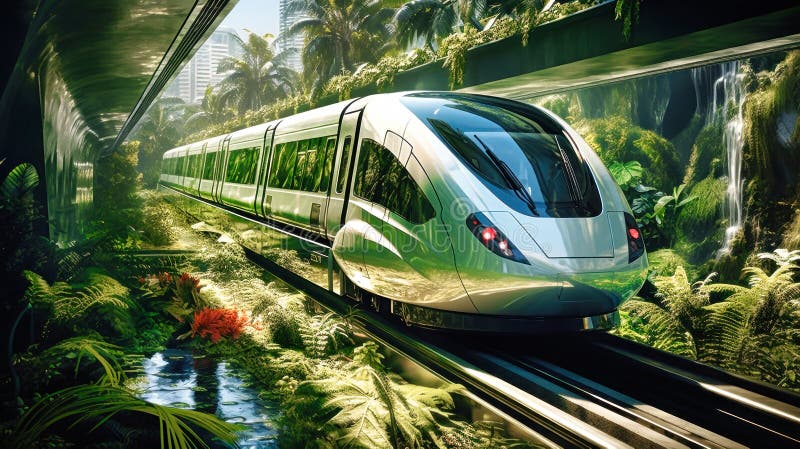 Eco-friendly Urban Transport: Green Train in Urban Landscape, Green ...