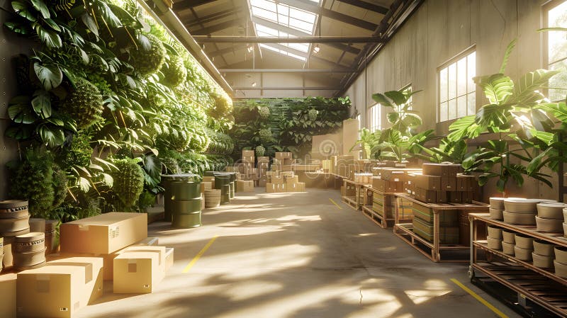 Eco-Friendly Warehouse with Packages and Vertical Garden Stock ...