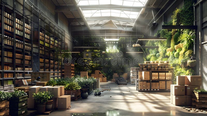 Eco-Friendly Warehouse with Vertical Garden and Skylights Stock ...