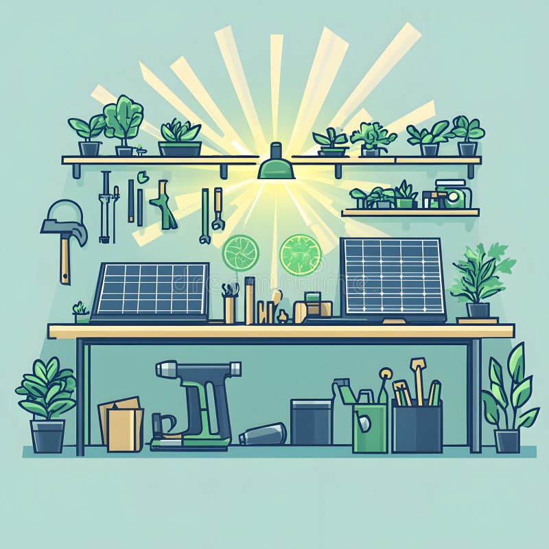 Eco Friendly Workshop Powered by Solar Panels with Green Tools Plants ...