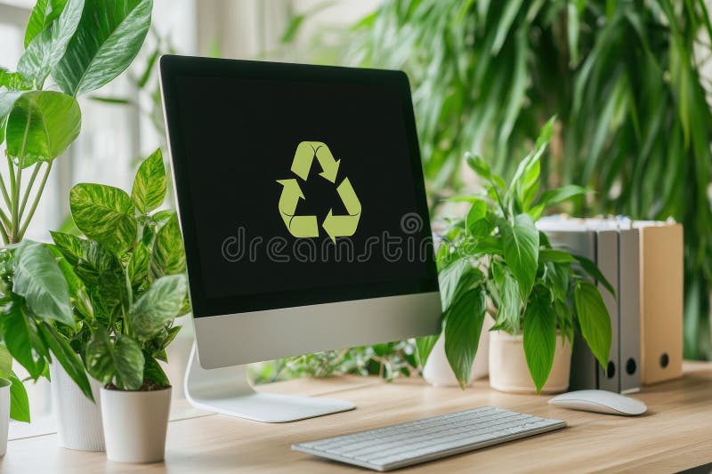 Eco Friendly Workspace with Computer Monitor Displaying Recycle Symbol ...