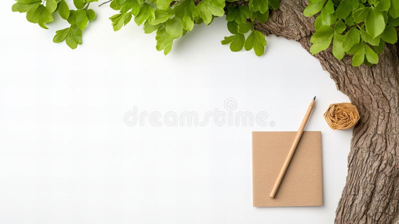 Eco-friendly Workspace with Notepad, Pencil, and Green Tree Leaves on ...
