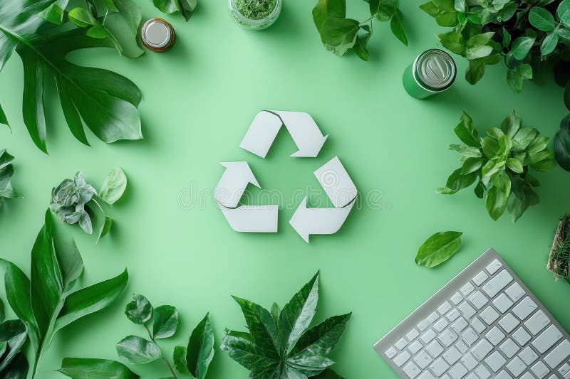 Eco-friendly Workspace with Plants and Recycling Symbol on a Green ...