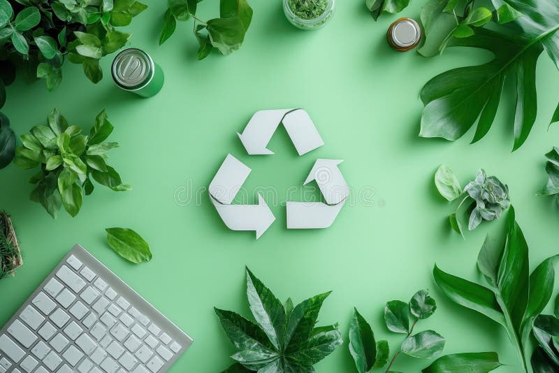 Eco Friendly Workspace Plants Recycling Symbol Green Background Stock ...