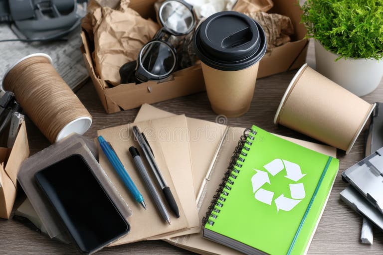 Eco-Friendly Workspace Tools on a Desk Featuring Recyclable Materials ...