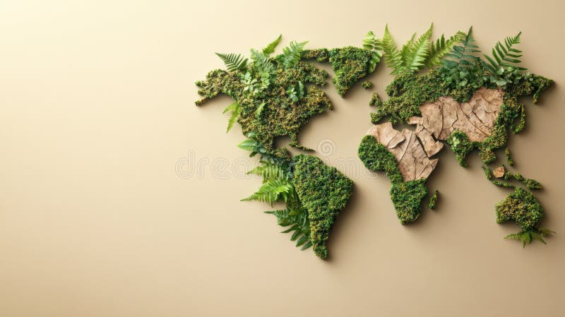 Eco-friendly World Map Made of Cork and Greenery. Sustainability and ...
