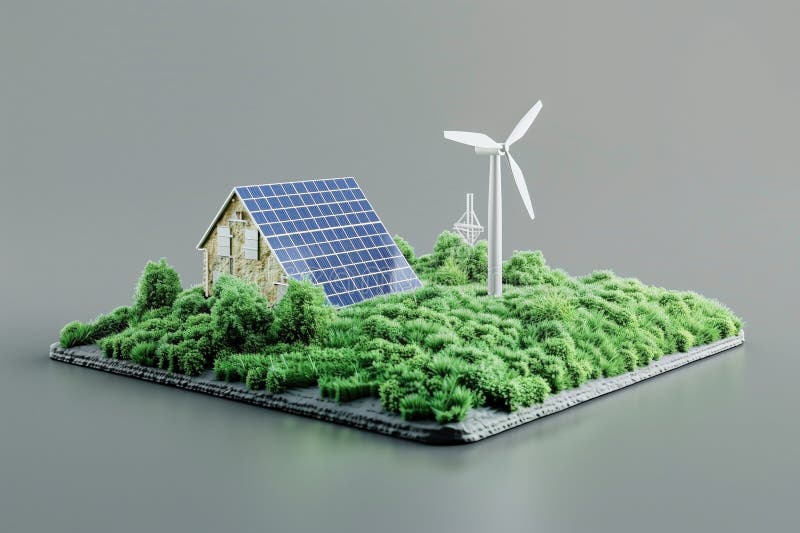Eco Green City Theme - Solar Panels, Windmill and House Ai Photo Stock ...