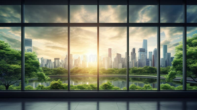 Eco Green City View Though Window in Office or Workplace Background ...