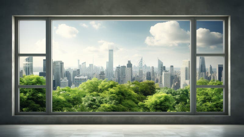 Eco Green City View Though Window in Office or Workplace Background ...