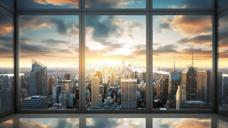 Eco Green City View Though Window in Office or Workplace Background ...