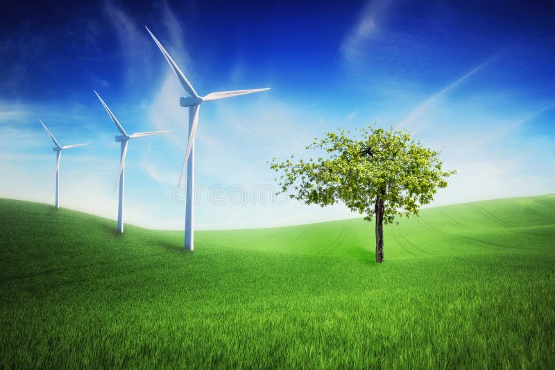 Eco Green Power Station, Wind Turbines at the Spring Field Stock Image ...