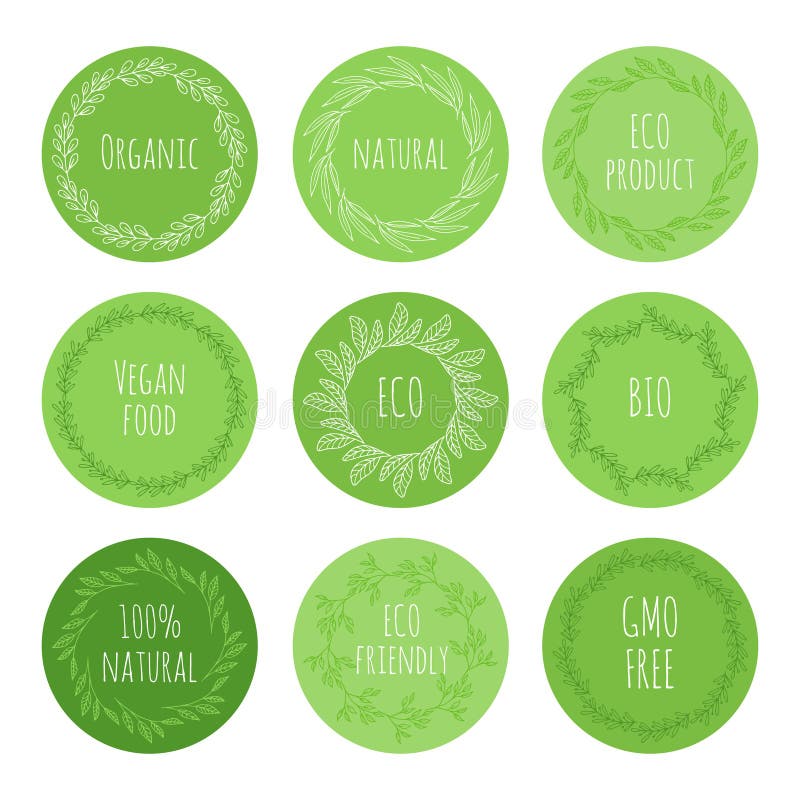 Eco Green Stickers with Hand Drawn Floral Elements Stock Vector ...