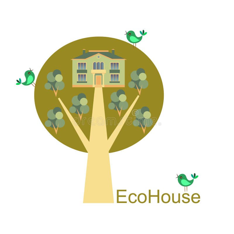 Eco House Concept. Card with Cute House, Trees and Birds. Stock Vector ...