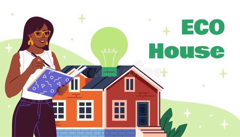 ECO House Poster. Woman with Book Near Environmentally Friendly ... ECO House Poster. Woman with Book Near Environmentally Friendly ...