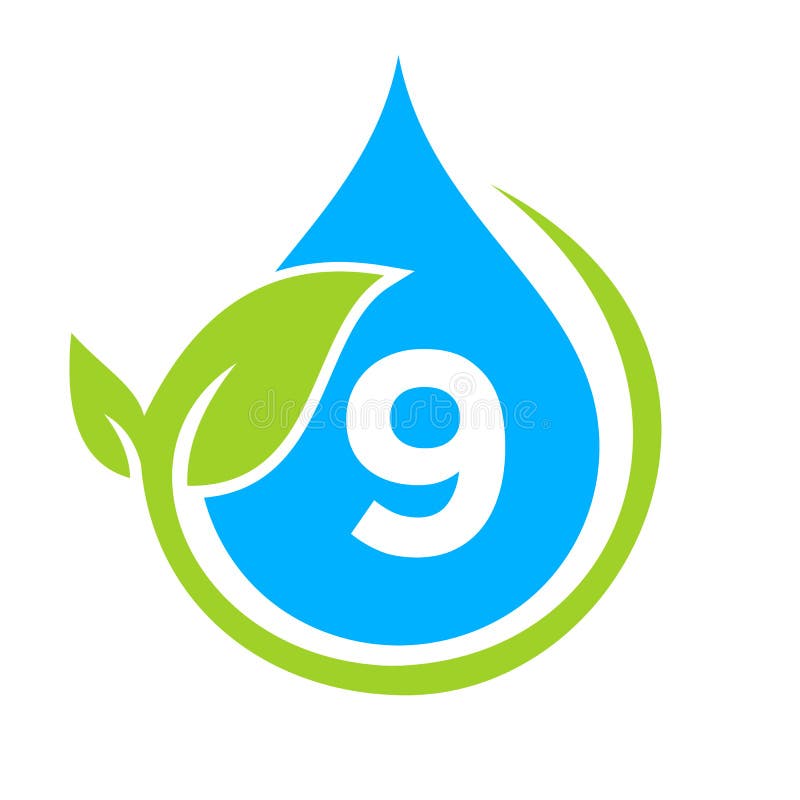 Eco Leaf and Water Drop Logo on Letter 9 Template. Letter 9 Water ...