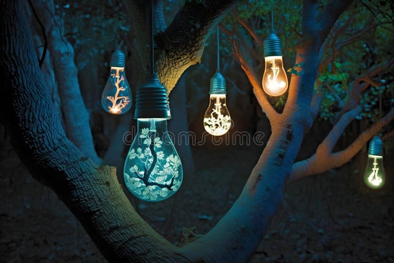 An Eco Magical Light Bulbs Hanging on a Tree in the Garden, Save Energy ...