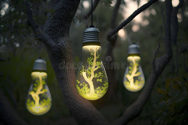 An Eco Magical Light Bulbs Hanging on a Tree in the Garden, Save Energy ...