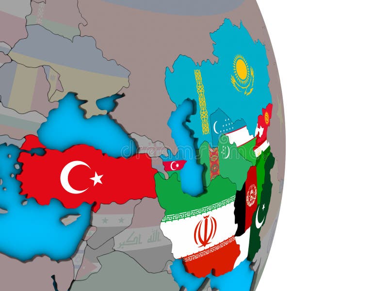 ECO Member States with Flags on 3D Globe Stock Illustration ...