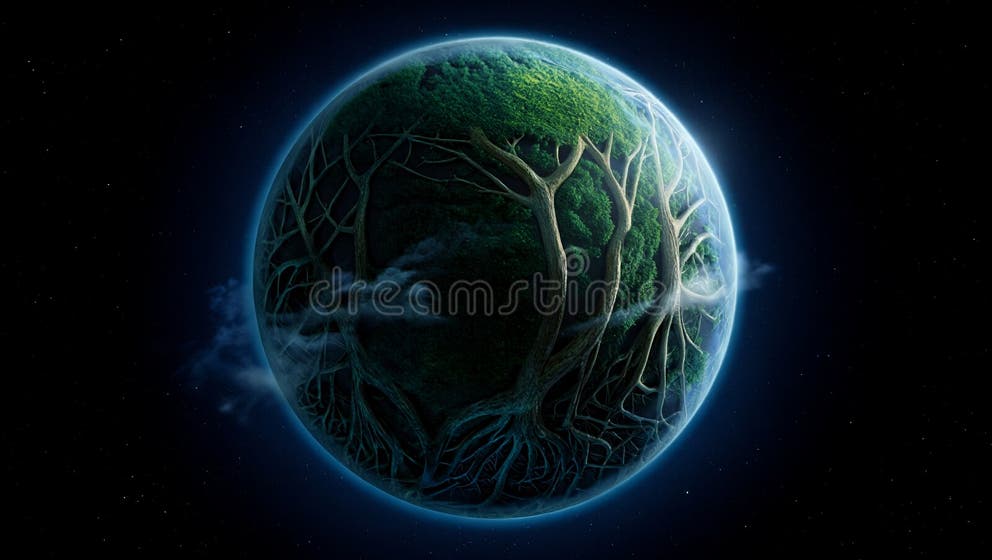 Eco Planet with Lush Forests and Massive Tree Roots Stock Illustration ...