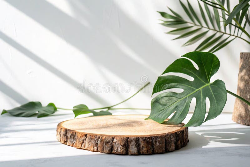 Eco Rustic Pine Tree Wood Disc Platform Podium and Tropical Leaf on ...