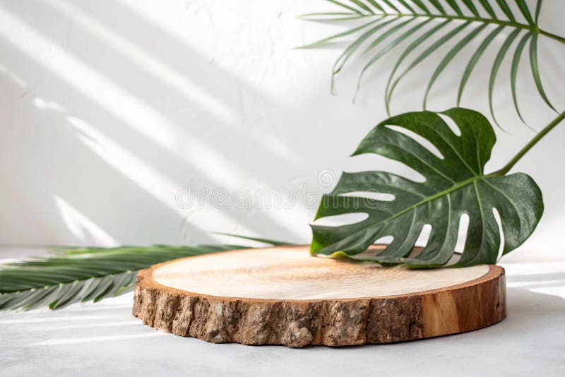 Eco Rustic Pine Tree Wood Disc Platform Podium and Tropical Leaf on ...