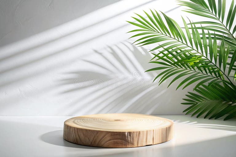 Eco Rustic Pine Tree Wood Disc Platform Podium and Tropical Leaf on White Light and Shadow Copy ...