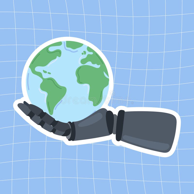 Eco Sticker of Robotic Hand Holding Planet Earth Stock Vector ...
