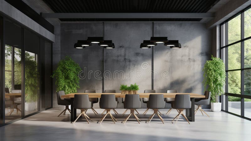 Eco Style Interior Design in Modern Open Space Office with Grey Tables ...