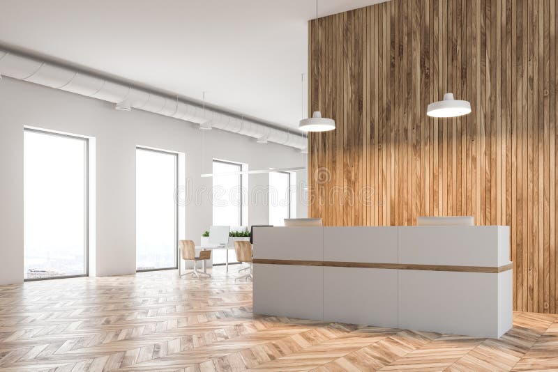 White Reception in an Open Plan Office, Wood Side Stock Illustration ...