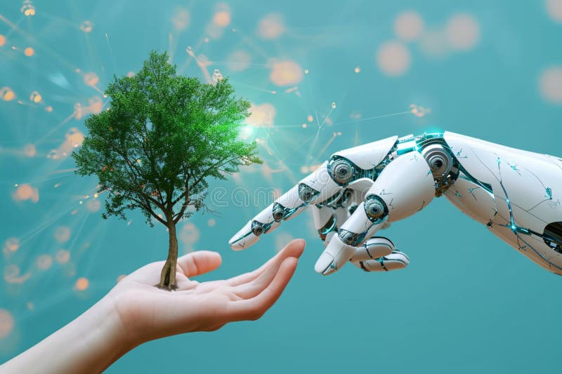 Eco Tech Alliance Tree in Human Hand and Robotic Hands Symbolizes Unity ...
