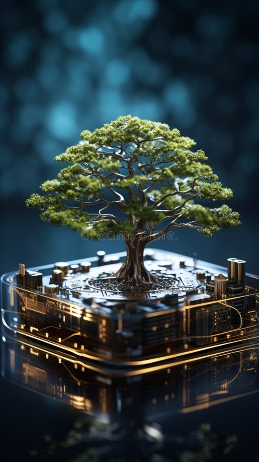 Eco-tech Partnership Tree on Earth, Blue Backdrop Showcasing Green ...