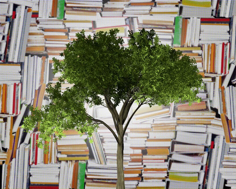 Eco Themed Tree before Wall of Books Stock Photo - Image of friendly ...