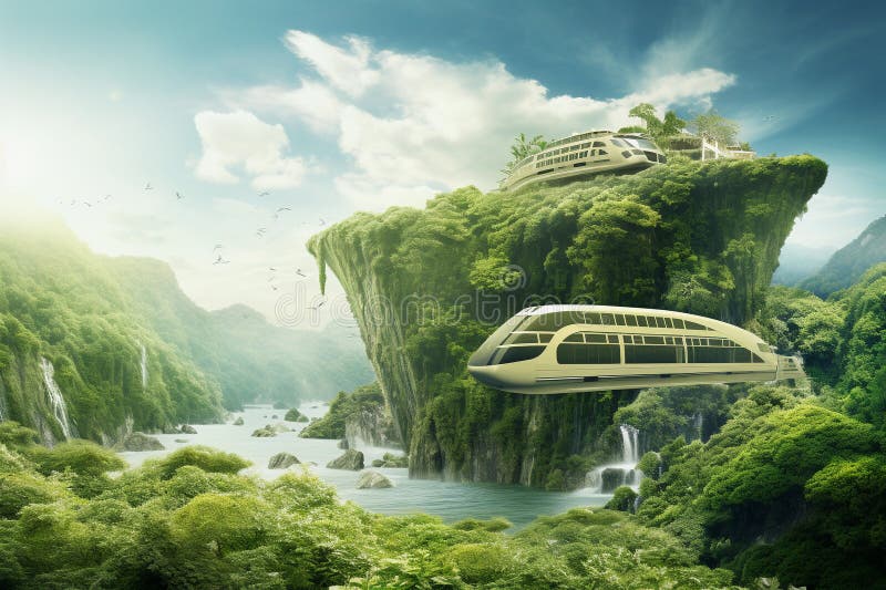 Eco Transport of the Future Flies among Green Nature Stock Photo ...