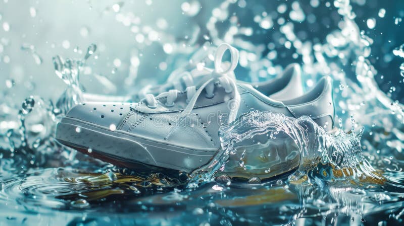 Eco Water Proof Shoe. Sneakers in Water Splash Stock Image - Image of ...