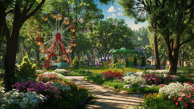 Ecological Amusement Park Featuring Attractions Surrounded by Vibrant ...