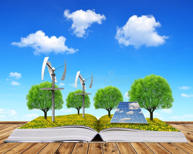 Ecological Book with Solar Panel and Wind Turbines. Stock Image - Image ...