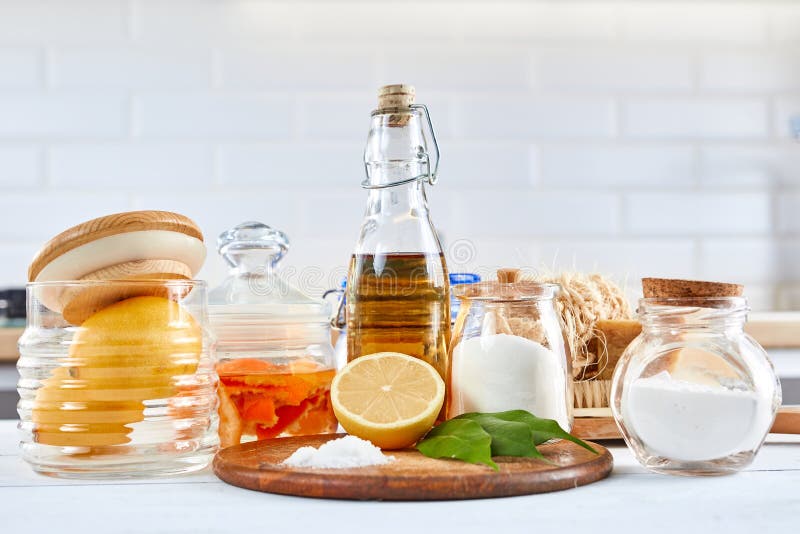 Ecological Cleaning Products on White Modern Kitchen Stock Image ...