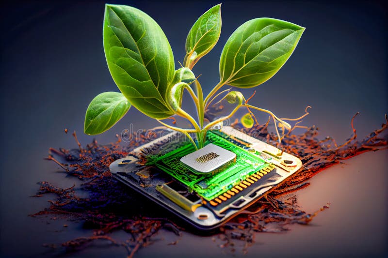 Ecological Concert. Green Sprout from a Computer Processor Stock ...