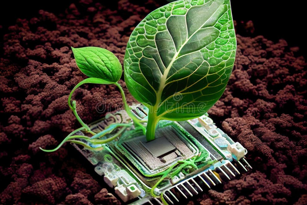 Ecological Concert. Green Sprout from a Computer Processor Stock Image ...