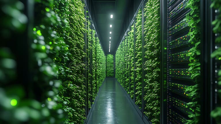 Ecological Data Center Server Room with Green Plants on Racks ...