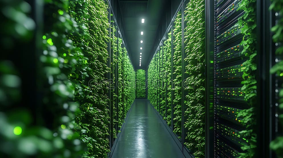 Ecological Data Center Server Room with Green Plants on Racks ...