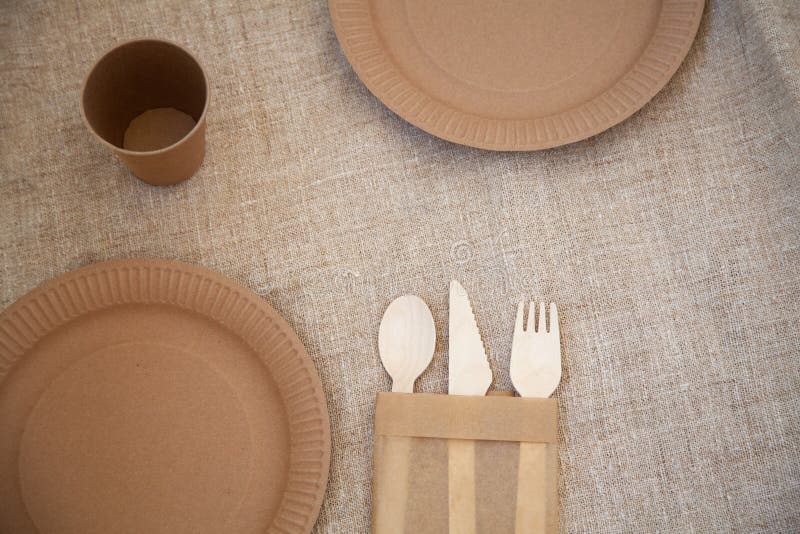 Ecological Disposable Tableware Paper Cardboard Empty on a Wooden Table ...