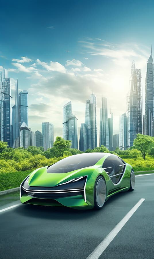 Ecological Electric Car on the Background of the City of the Future ...