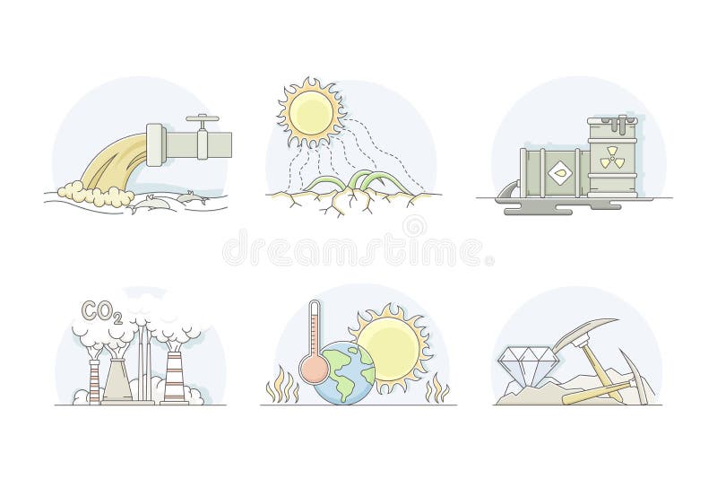 Ecological Problems Set. Sewage Pollution, Drought, Oil Spill, Global ...