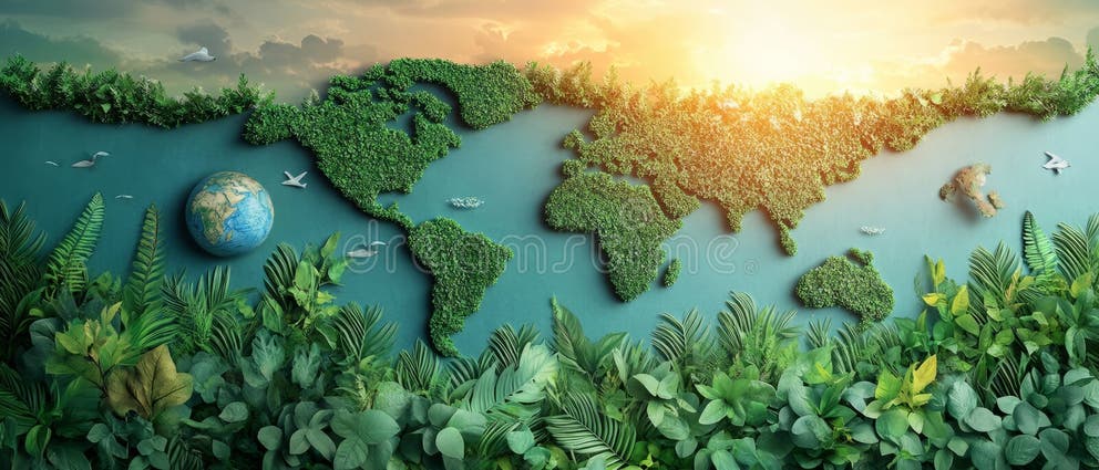 Ecological World Map with Greenery Stock Illustration - Illustration of ...