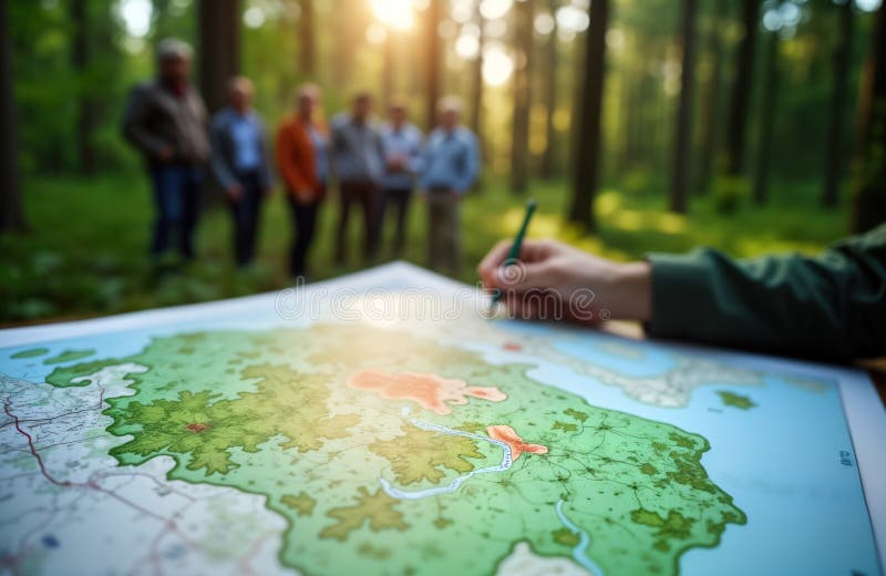 Ecologists Discuss Forest Conservation Strategy Outdoors. Analyze Maps ...
