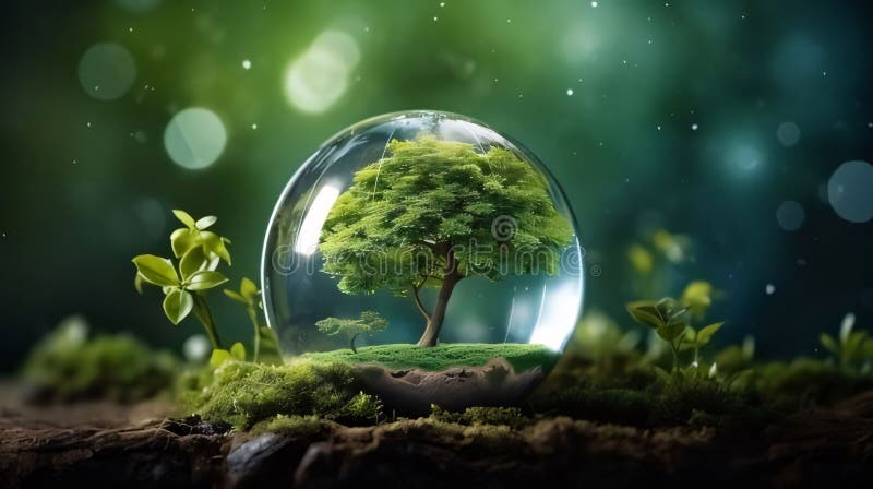 Ecology Concept. Glass Globe with Green Tree Inside Stock Illustration ...