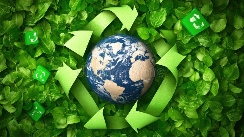 Ecology Concept. Globe and Recycling Symbol on Green Leaves Background ...